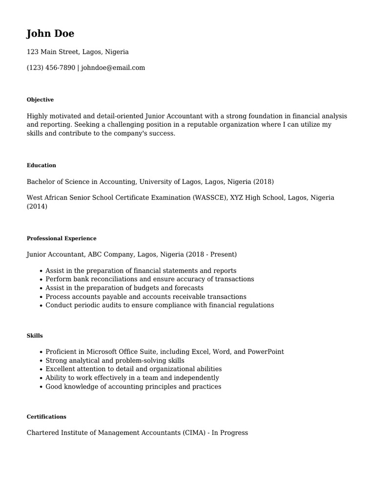 Junior Accountant CV Sample by Jobzilla | PDF