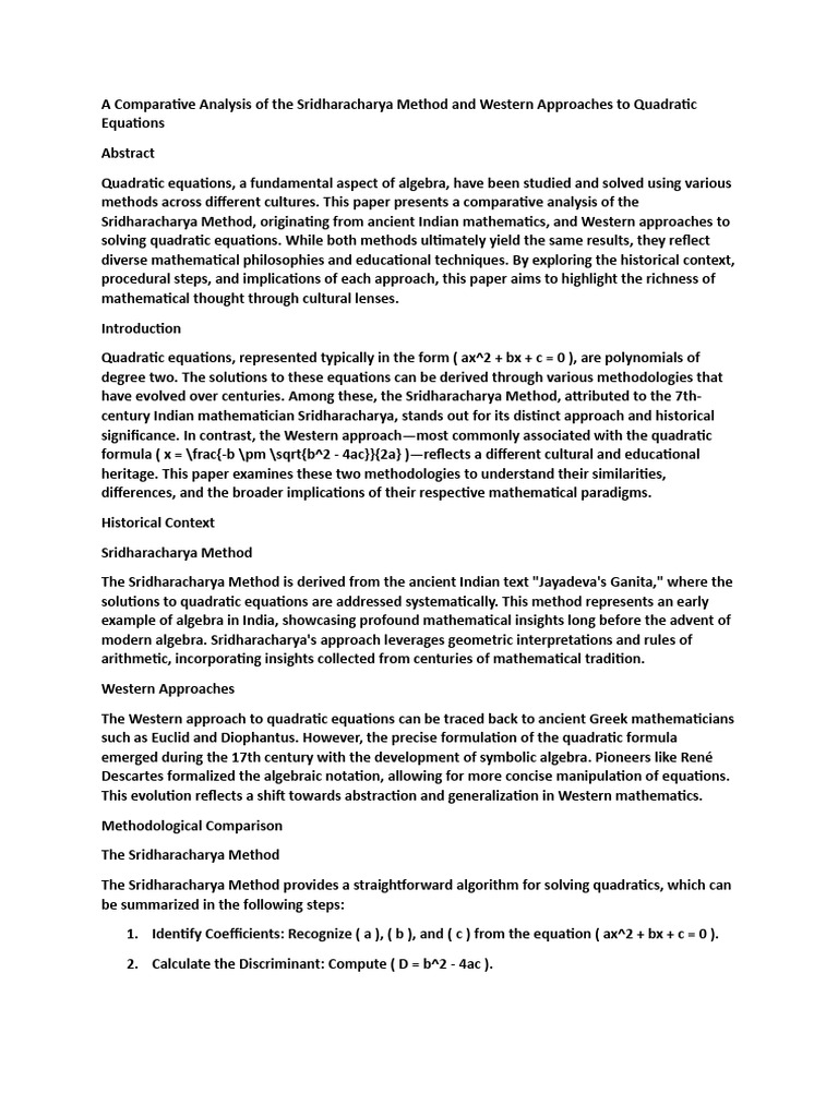 A Comparative Analysis of The Sridharacharya Method and Western ...