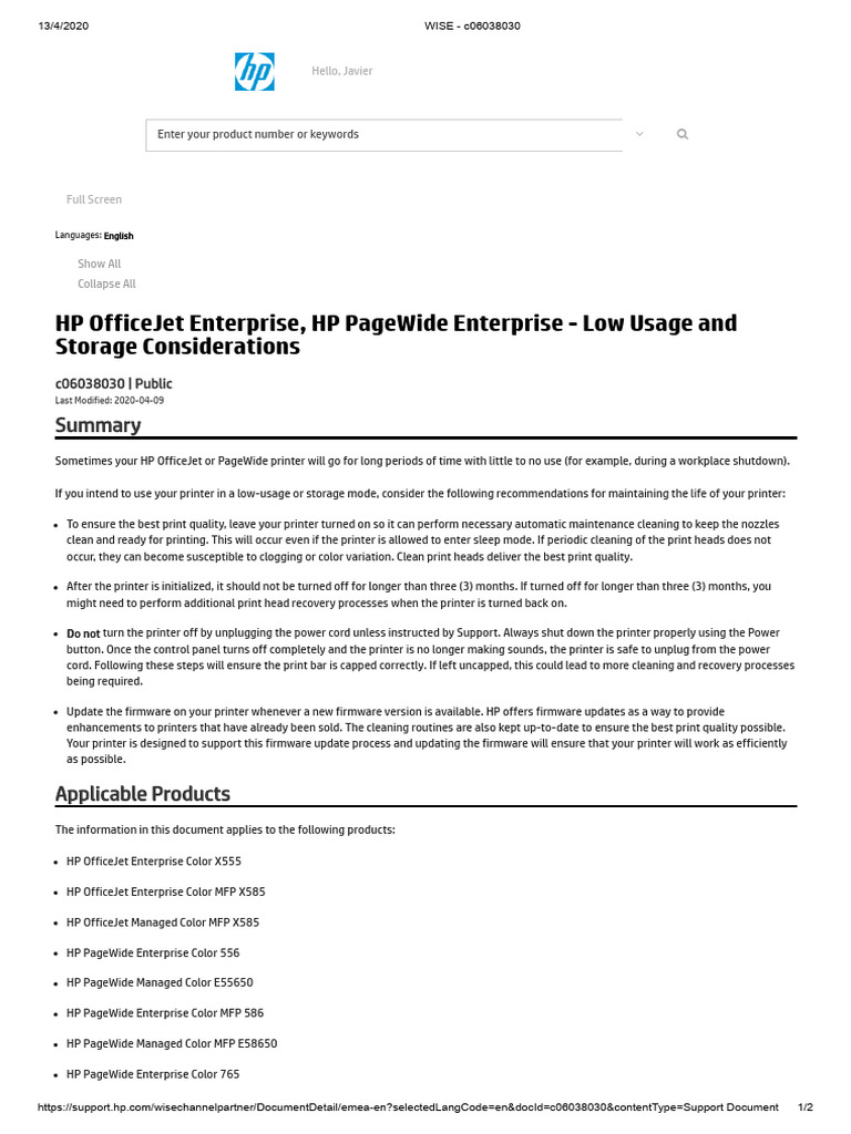 WISE - c06038030 Low Usage and Storage Considerations | PDF | Hewlett Packard | Printer (Computing)