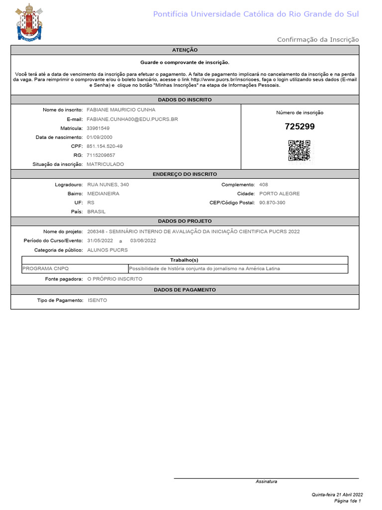 Comprovante Inscricao Ic2022 | PDF