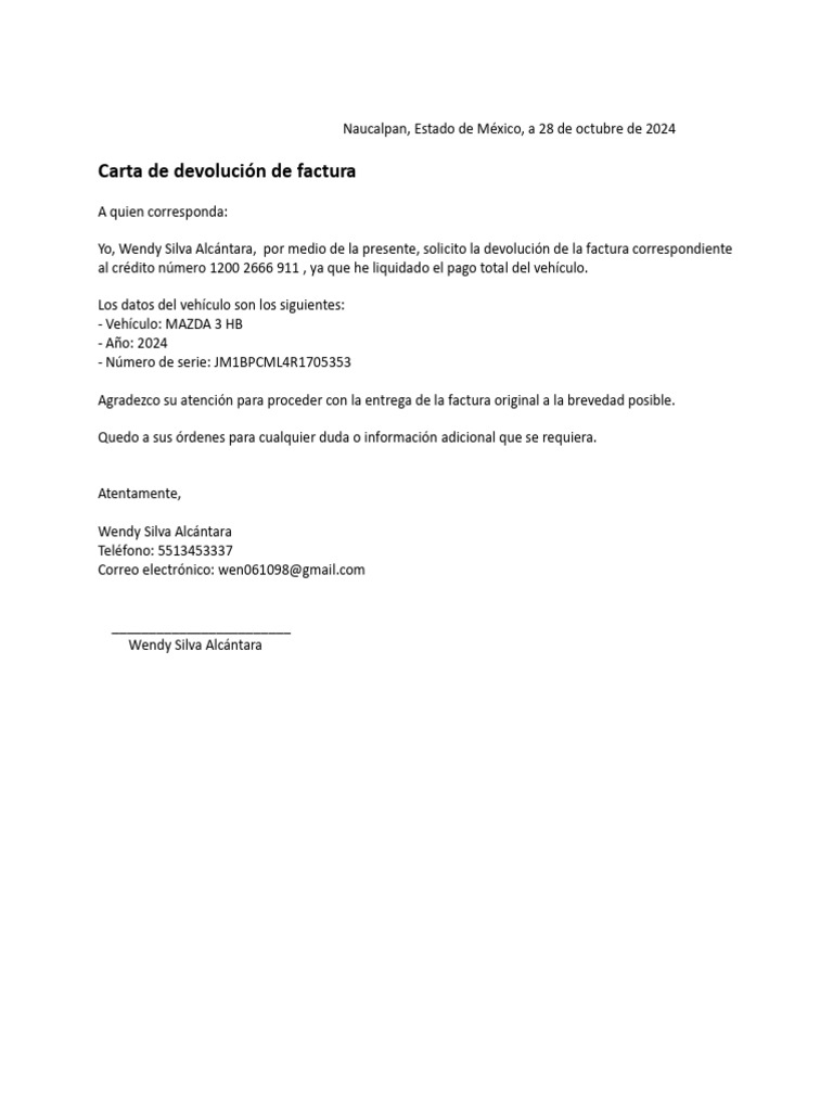 Carta de Devolución de Factura | PDF | Derecho