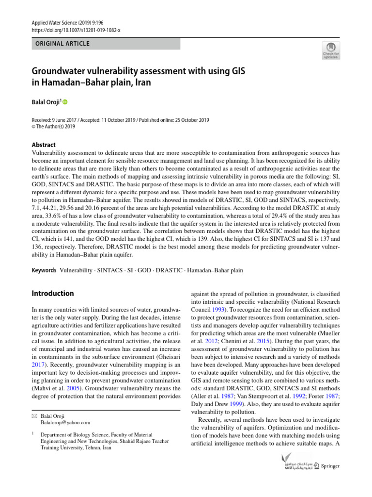 Groundwater Vulnerability Assessment With Using Gis Pdf Groundwater Aquifer