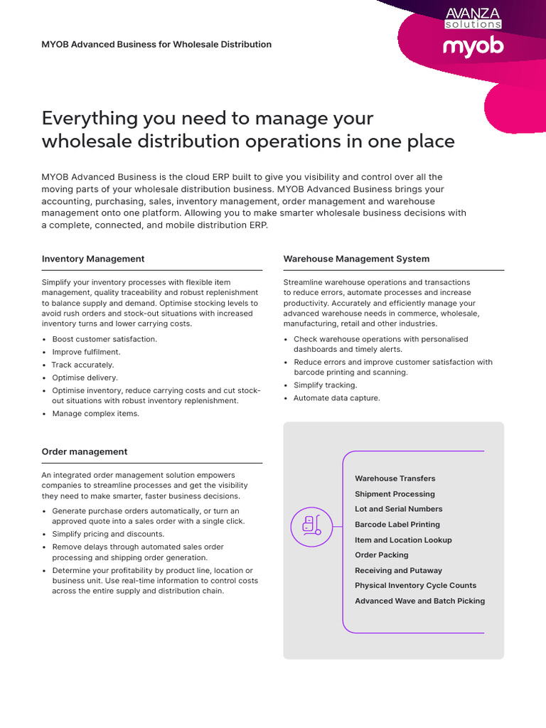 MYOB Advanced - Wholesale Distribution Fact Sheet | PDF | Inventory | Warehouse