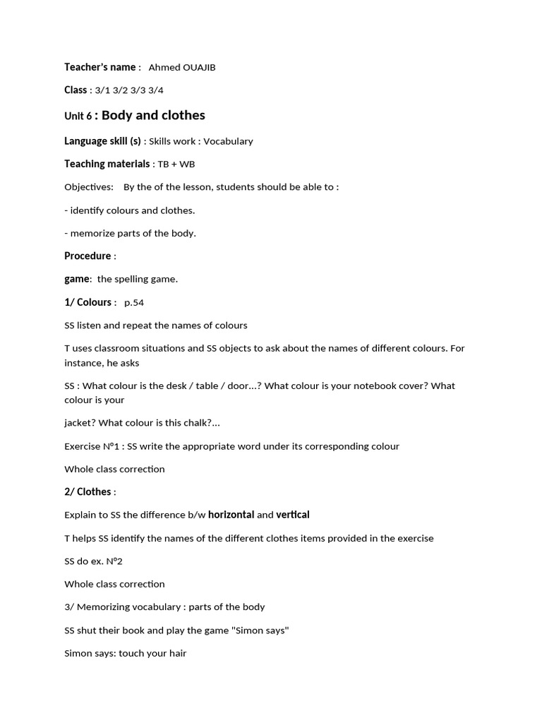 Unit 6 BodyClothes Voca | PDF