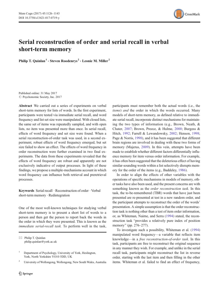 Serial Reconstruction of Order and Serial Recall in Verbal Short-Term ...