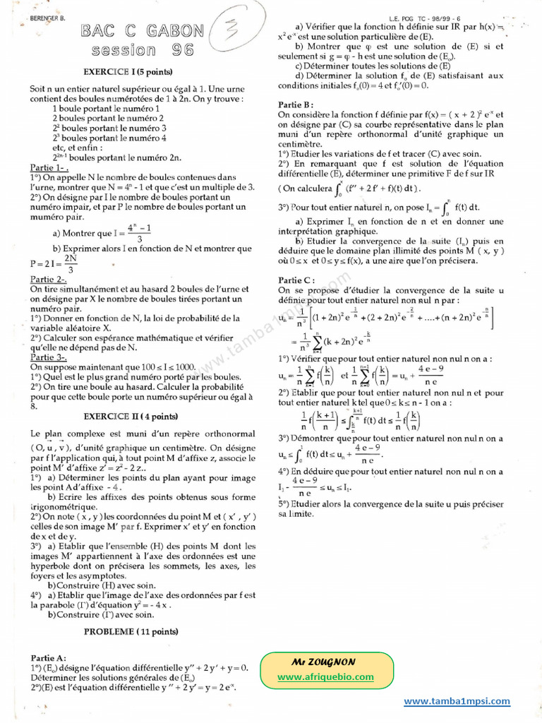 Bac Gabon Maths 1996 Series CE | PDF