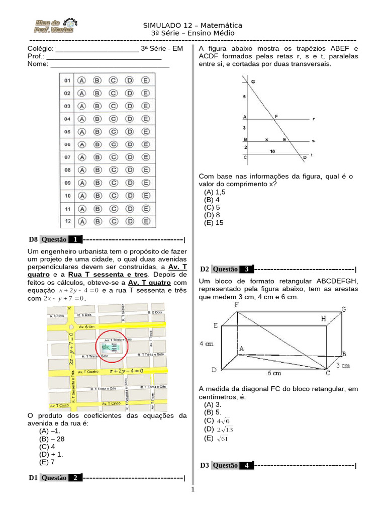 Simulado 12 - (Mat. 3 Série EM) - Blog Do Prof. Warles | PDF | Geometria Euclidiana