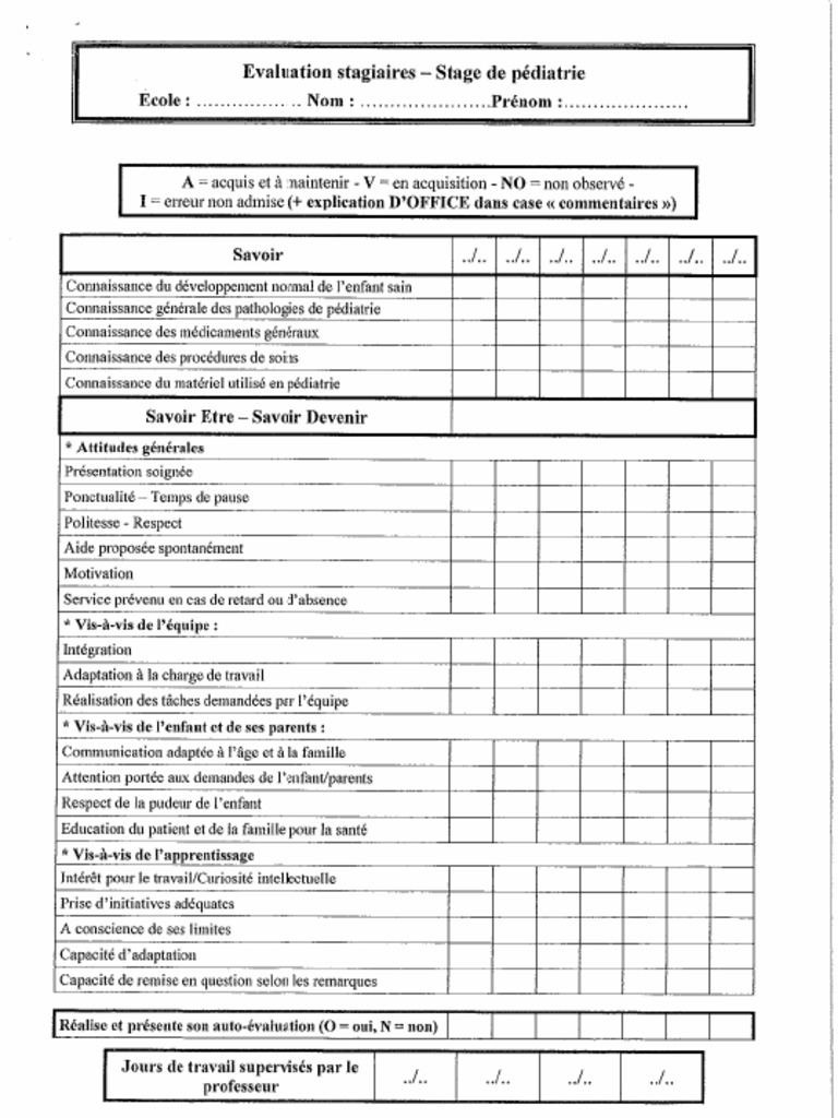 Evaluation Stage Pédiatrie CHBA | PDF