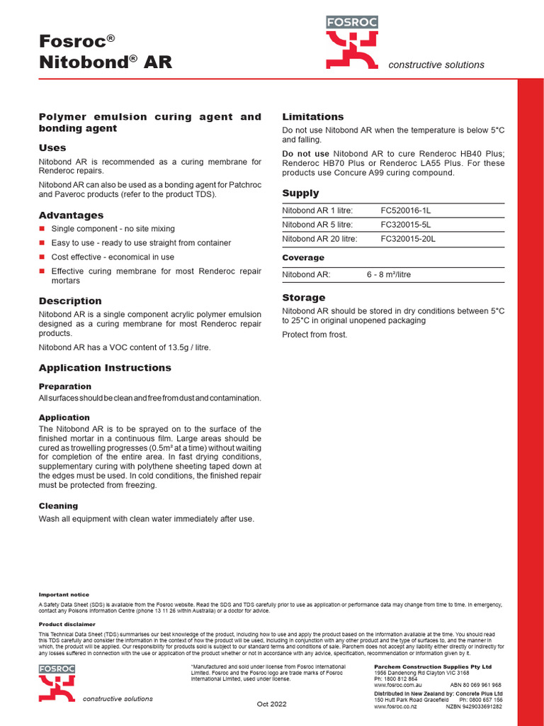 Fosroc Nitobond AR TDS | PDF | Materials