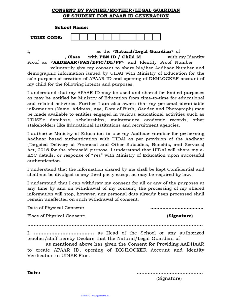 Apaar Id Consent Form Single Page | PDF | Access Control | Justice