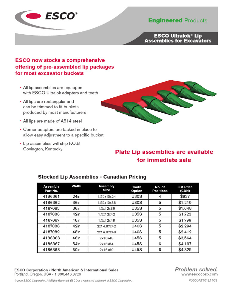 Esco Ultralok Lip Assemblies For Excavators (Canadian) | PDF ...