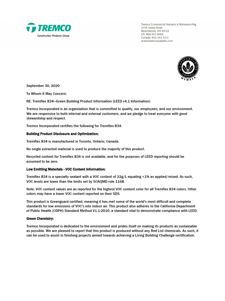 Tremflex - 834 - LEED Certificate | PDF | Green Building | Economy And ...