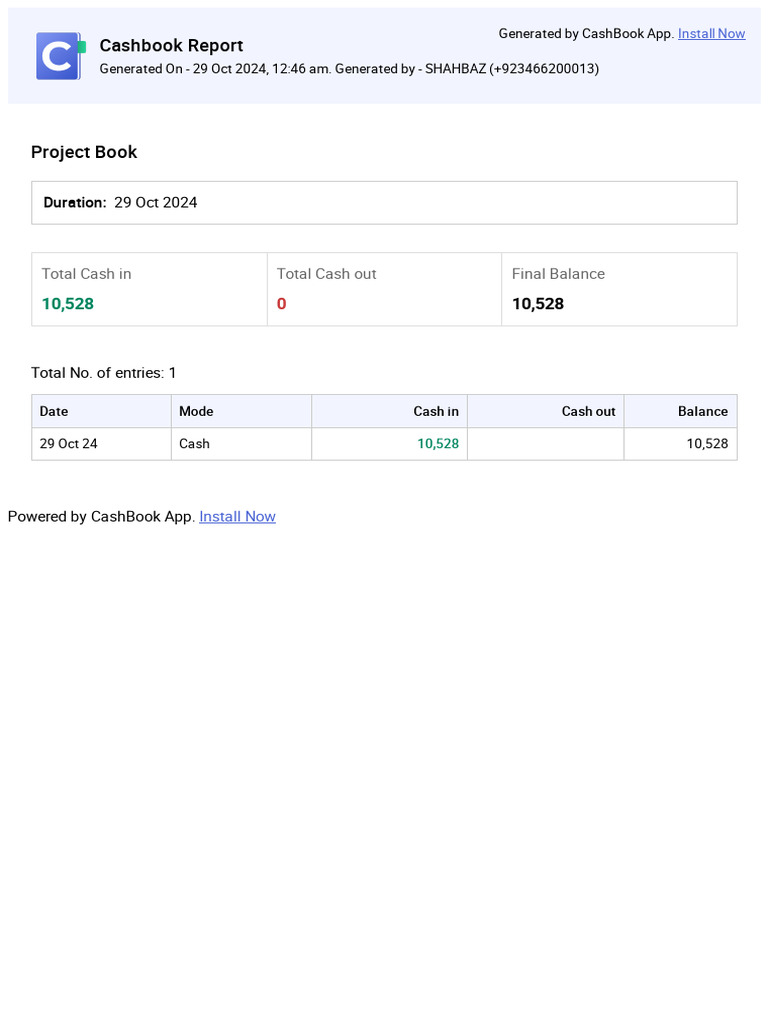 Cashbook Report for Oct 29, 2024 | PDF