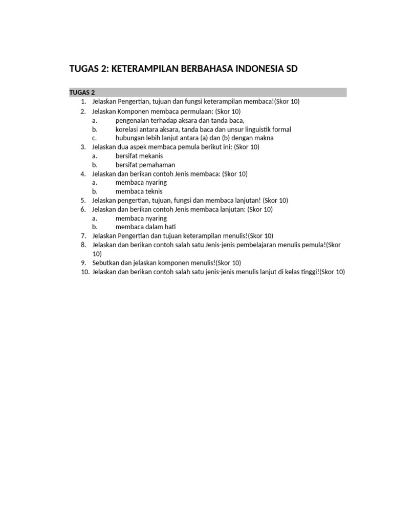 Soal Dan Skor TT2 Keterampilan Berbahasa Indonesia SD | PDF | Karier & Perkembangan | Seni ...