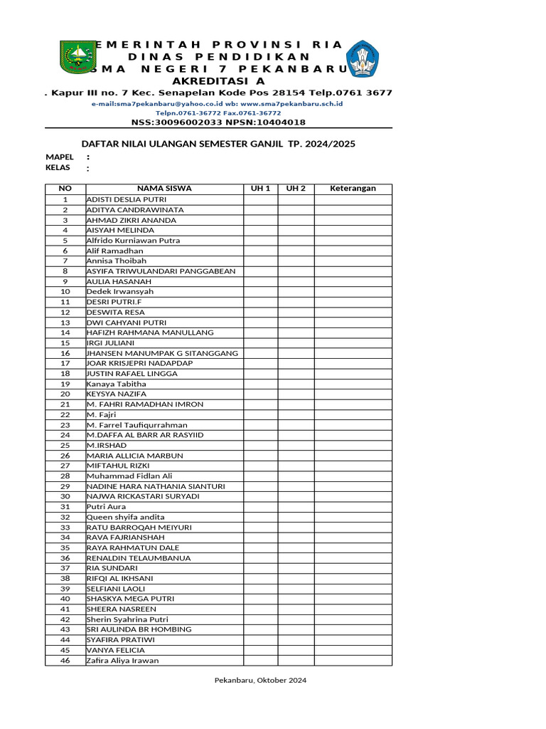 Blanko Nilai Kelas X | PDF