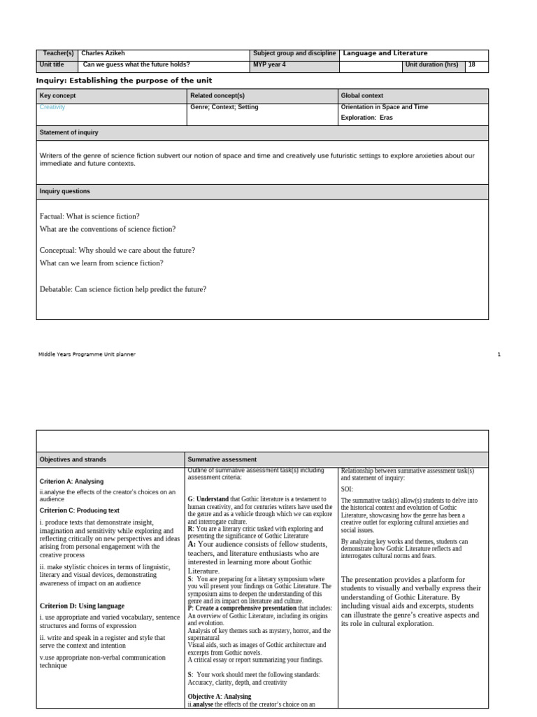 Unit Plan For Myp 4 Lang & Lit | PDF | Educational Assessment | Inquiry ...