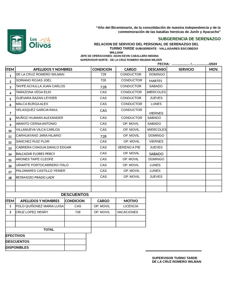 Rol Diario de Servicio Mes de Septiembre | PDF