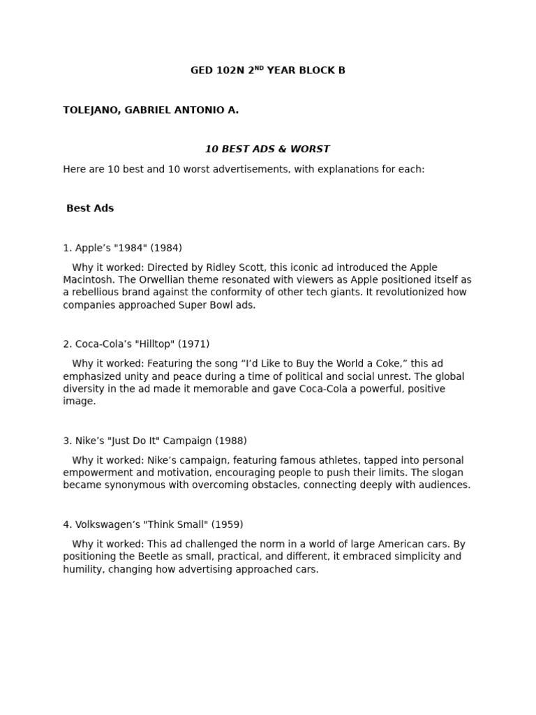 Ged 102N 2ND Year Block B 10 Best Ads & Worst | PDF | Social Science