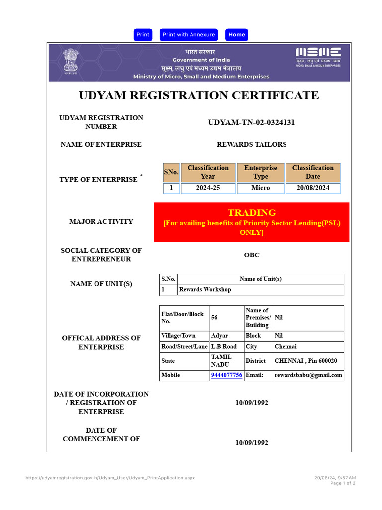 Print - Udyam Registration Certificate | PDF