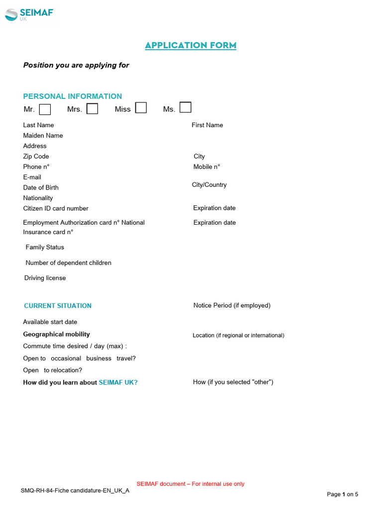 SEIMAF UK Application Form | PDF