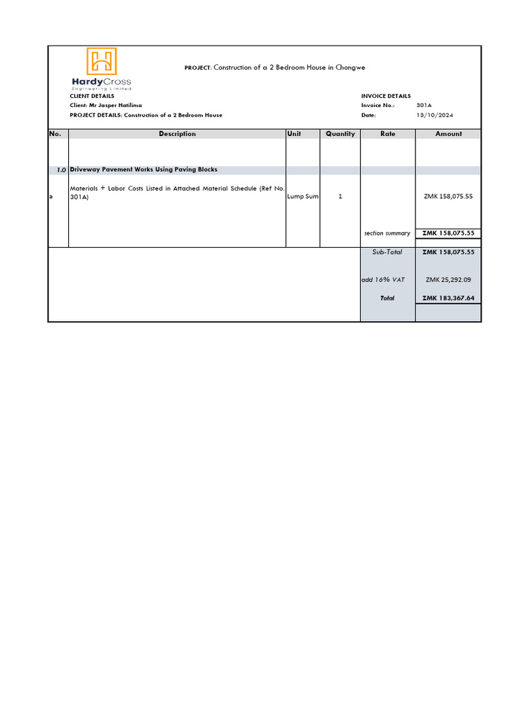 Invoice 301A - Drive Way Works Using Paving Blocks | PDF