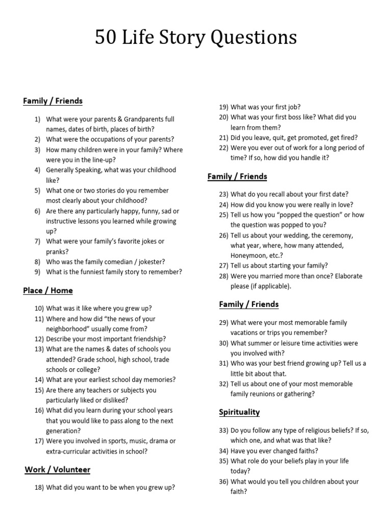 50 Life Story Questions Questionnaire | PDF | Cognition