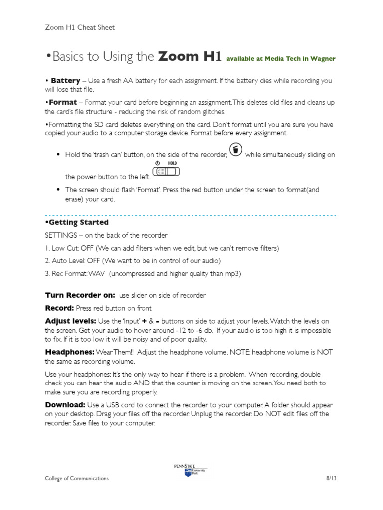 Zoom H1 Cheat Sheet | PDF