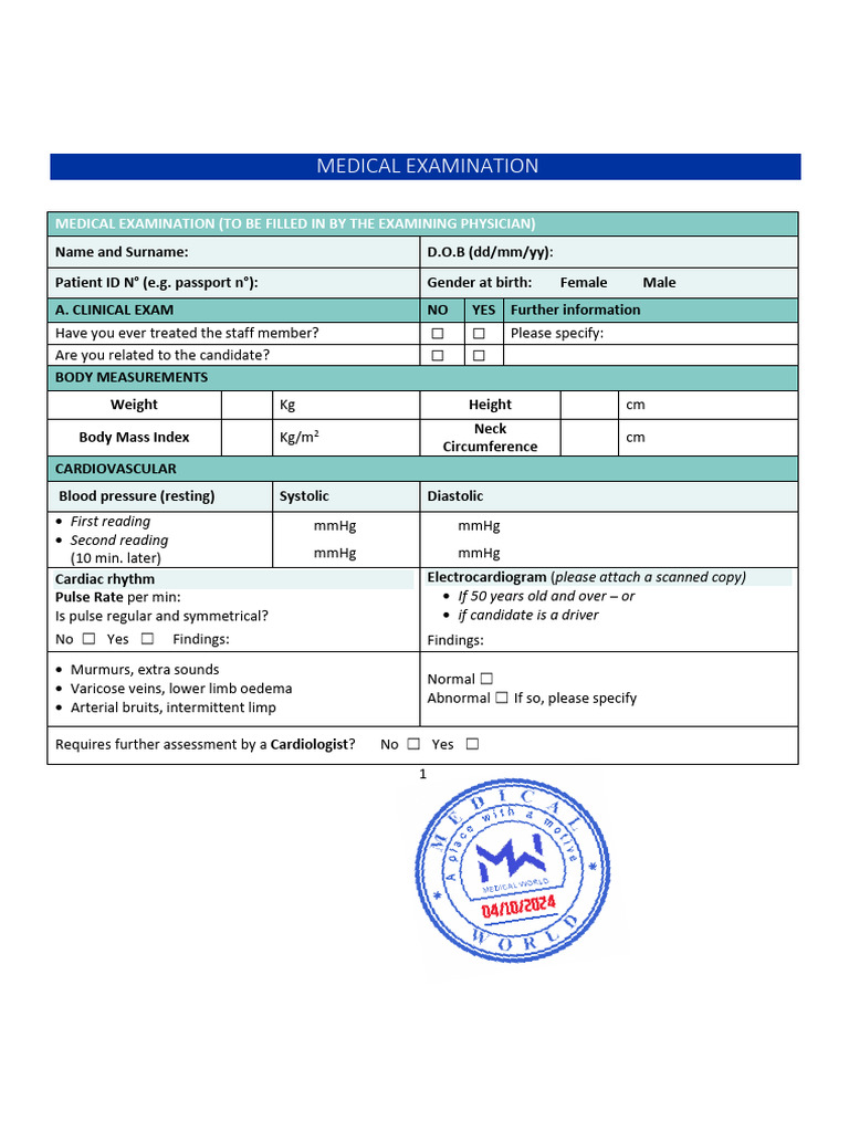 Medical Examination Form | PDF | Blood Pressure | Cardiology