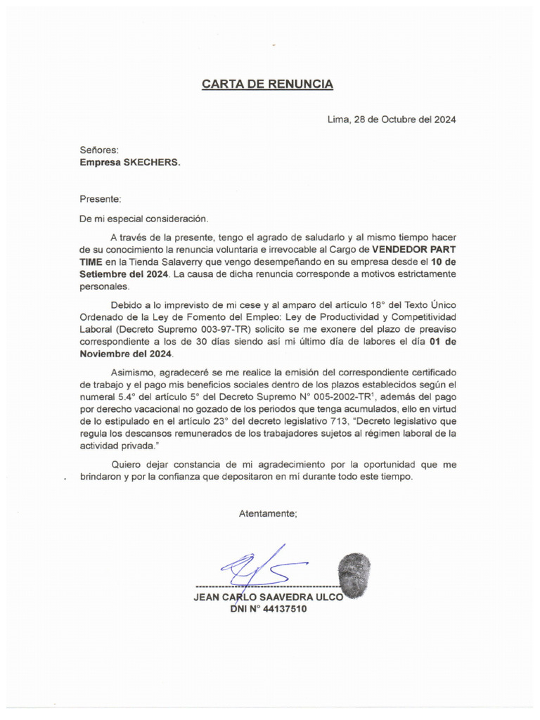 Carta de Renuncia Jean Carlo Saavedra Ulco | PDF