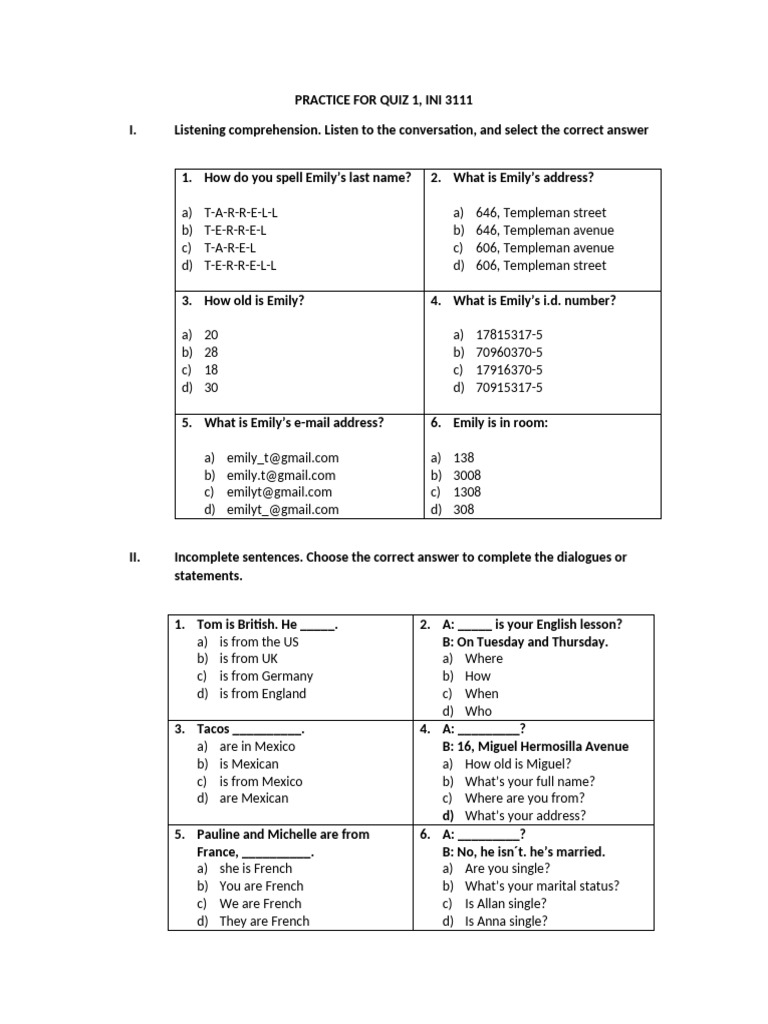 Practice For Quiz 1, INI3111 | PDF