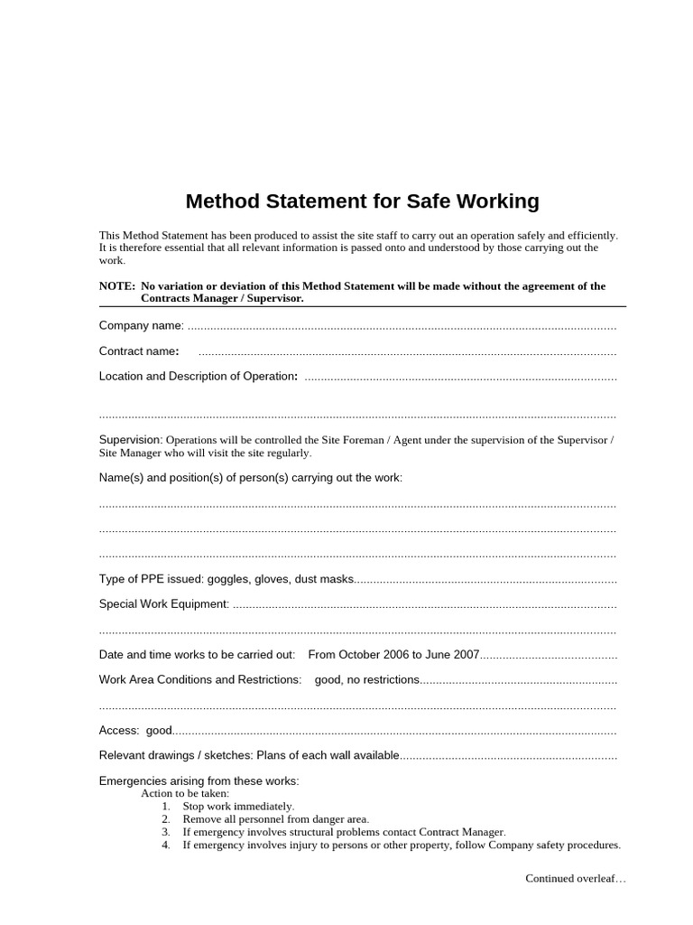 Method Statement For Safe Working | PDF | Drywall | Personal Protective ...