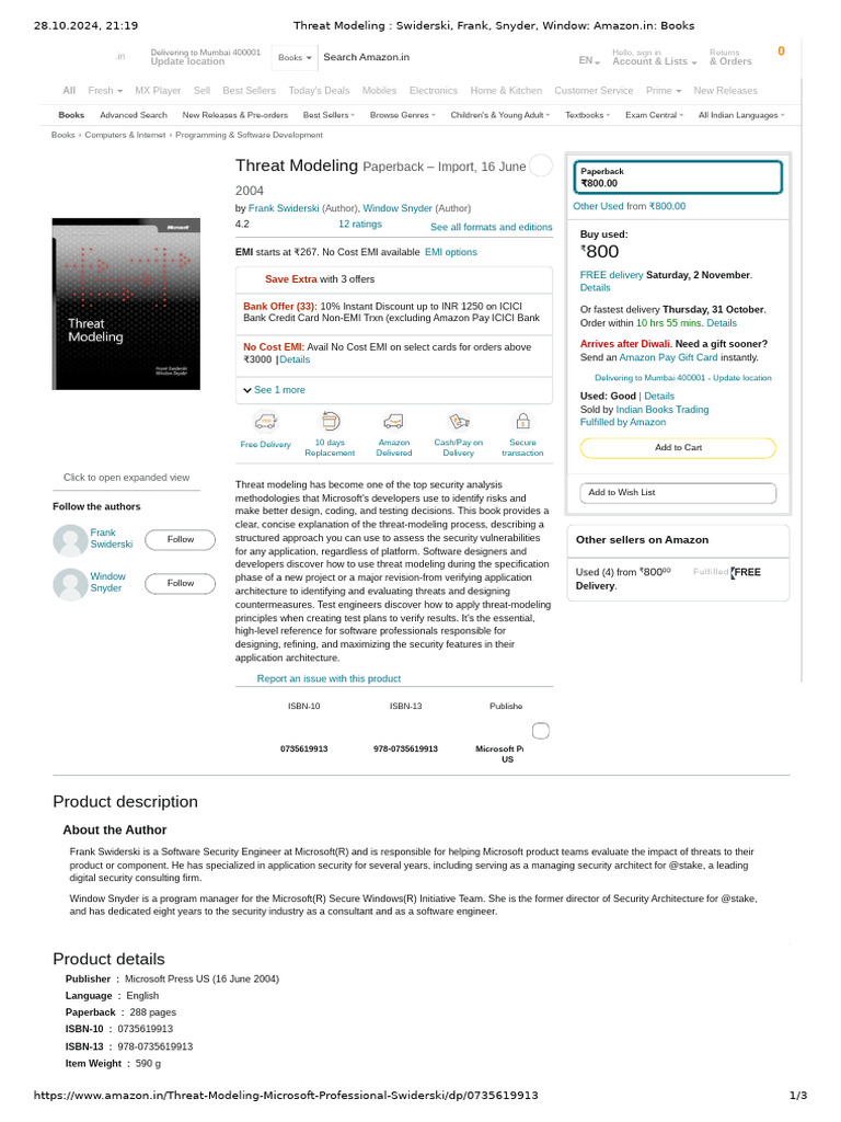 Threat Modeling - Swiderski, Frank, Snyder, Window - Amazon - in ...