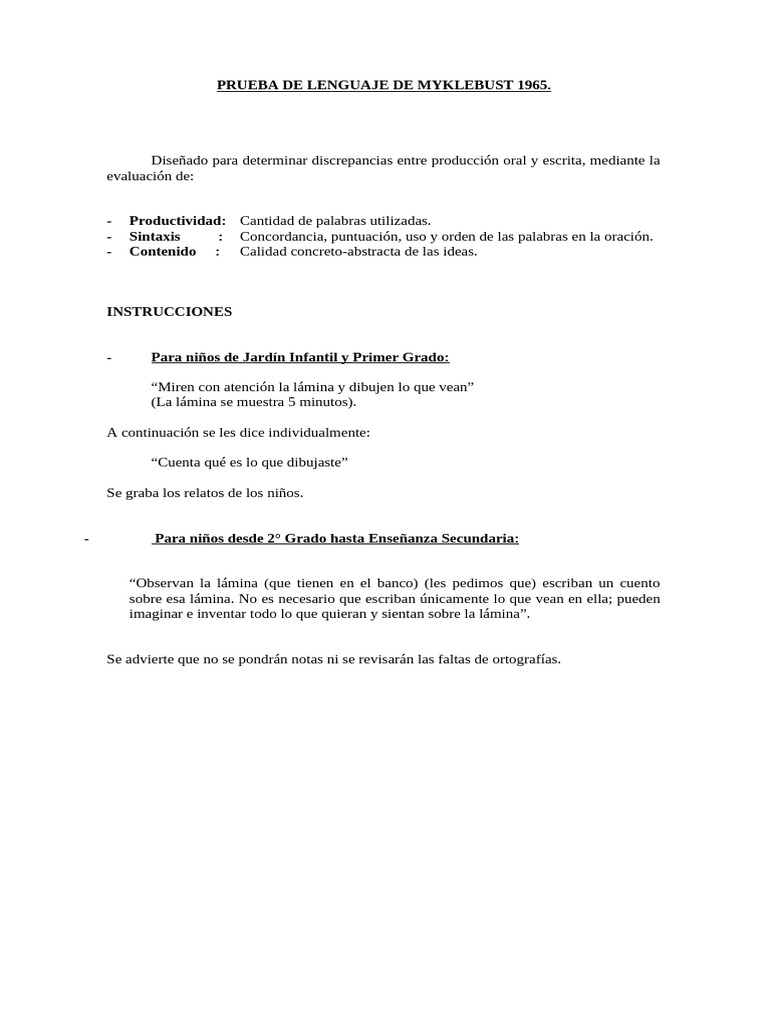 Prueba de Lenguaje de Myklebust 1965 | PDF | Narración