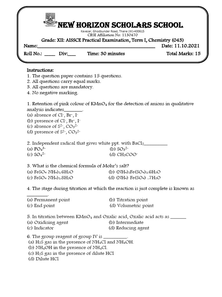 XII Chemistry Practical Question Paper | PDF | Titration | Chemistry