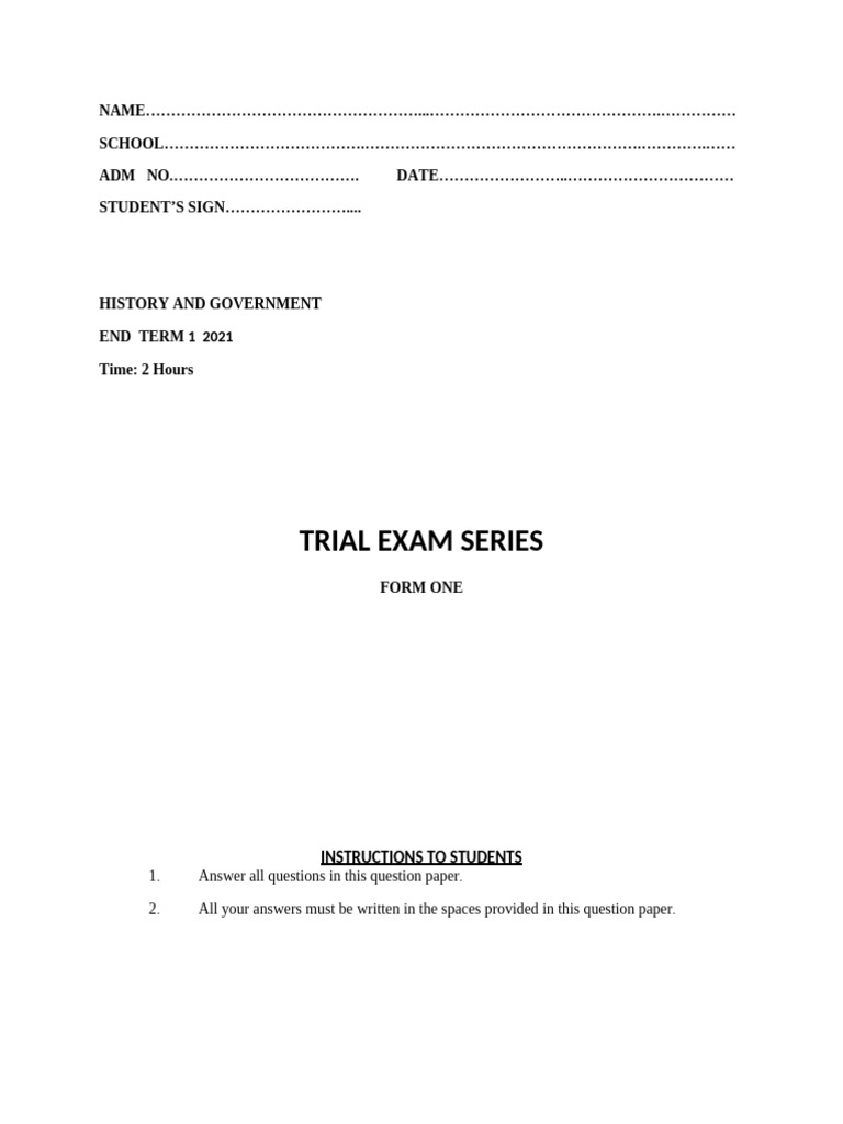Form One History and Government Exam | PDF | Kenya