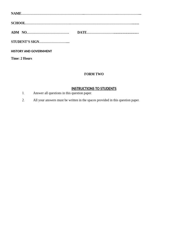 History Q Form 2 2022 End Term 1 Teacher - Co .Ke | PDF | Kenya ...