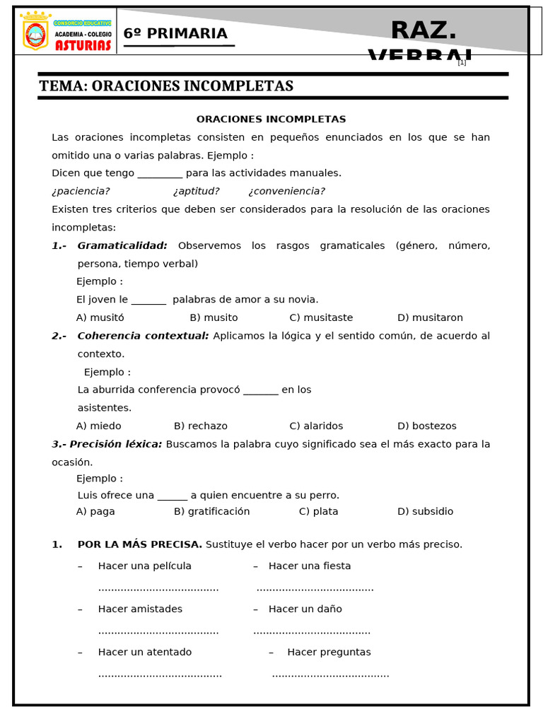 Oraciones Incompletas 6º Primaria | PDF | Verbo | Lingüística
