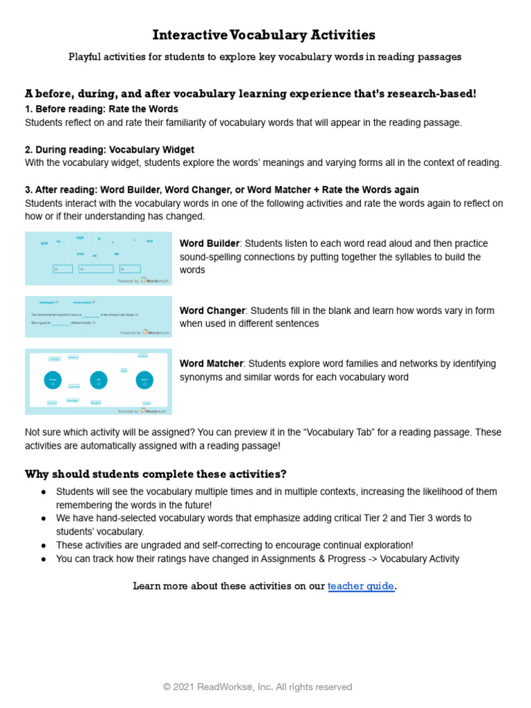 Interactive Vocabulary Activities One-Pager | PDF