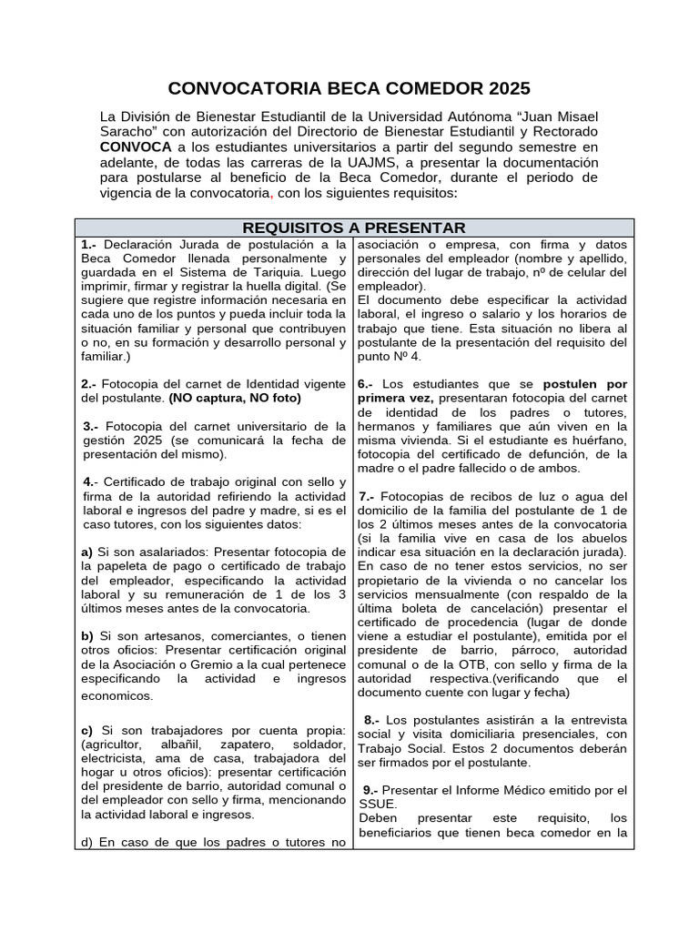 CONVOCATORIA BECA COMEDOR 2025 Corregida | PDF | Finanzas y dinero