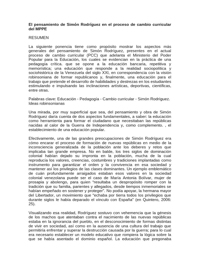 El Pensamiento de Simón Rodríguez en El Proceso de Cambio Curricular ...