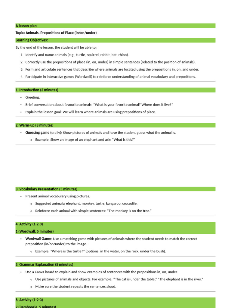 Lesson Plan Animals | PDF