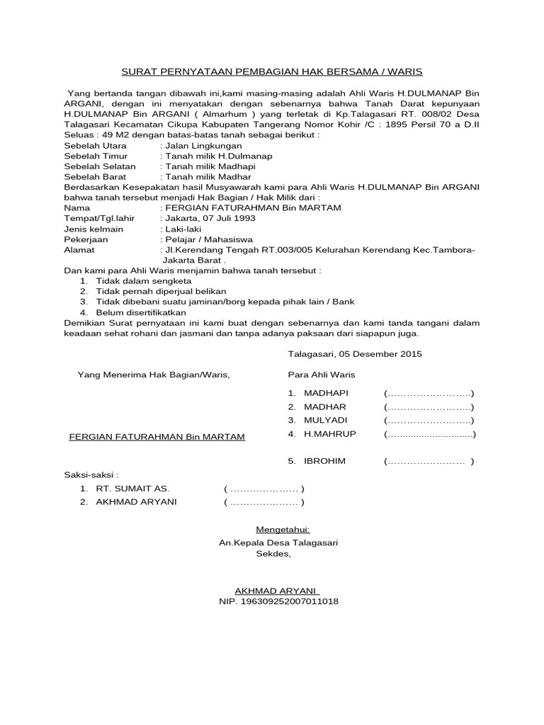 Surat Pernyataan Pembagian Hak Bersama | PDF Surat Pernyataan Pembagian Hak Bersama | PDF