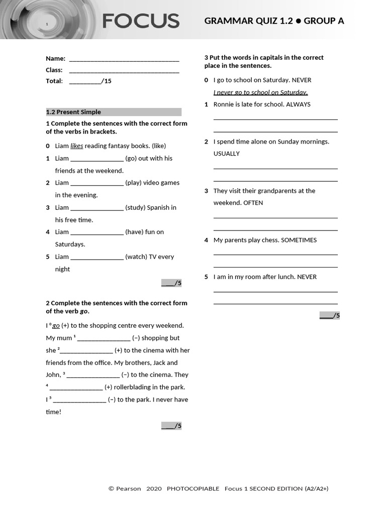 Focus1 2e Grammar Quiz Unit1 2 Groupa Pdf Language Families 