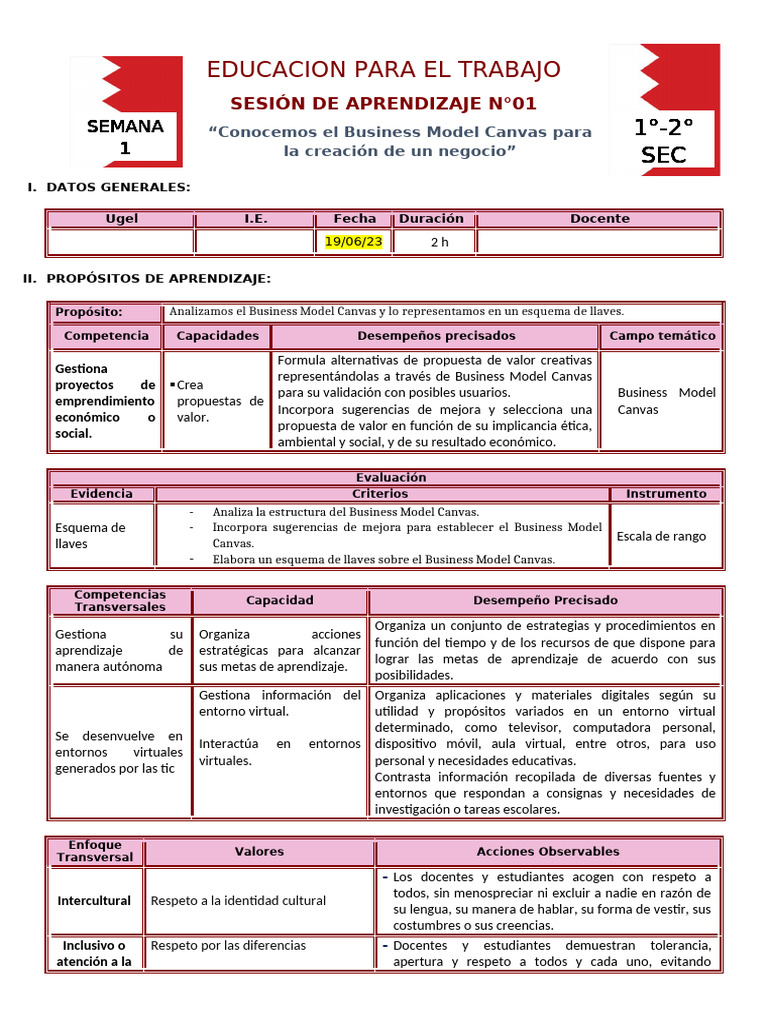 1°-2° - Sesión de Aprendizaje Sesión 1-Sem.1-Exp.4-Educacion para El Trabajo | PDF | Aprendizaje ...