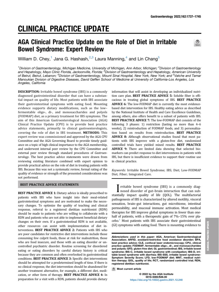 AGA Clinical Practice Update On The Role of Diet in Irritable | PDF ...