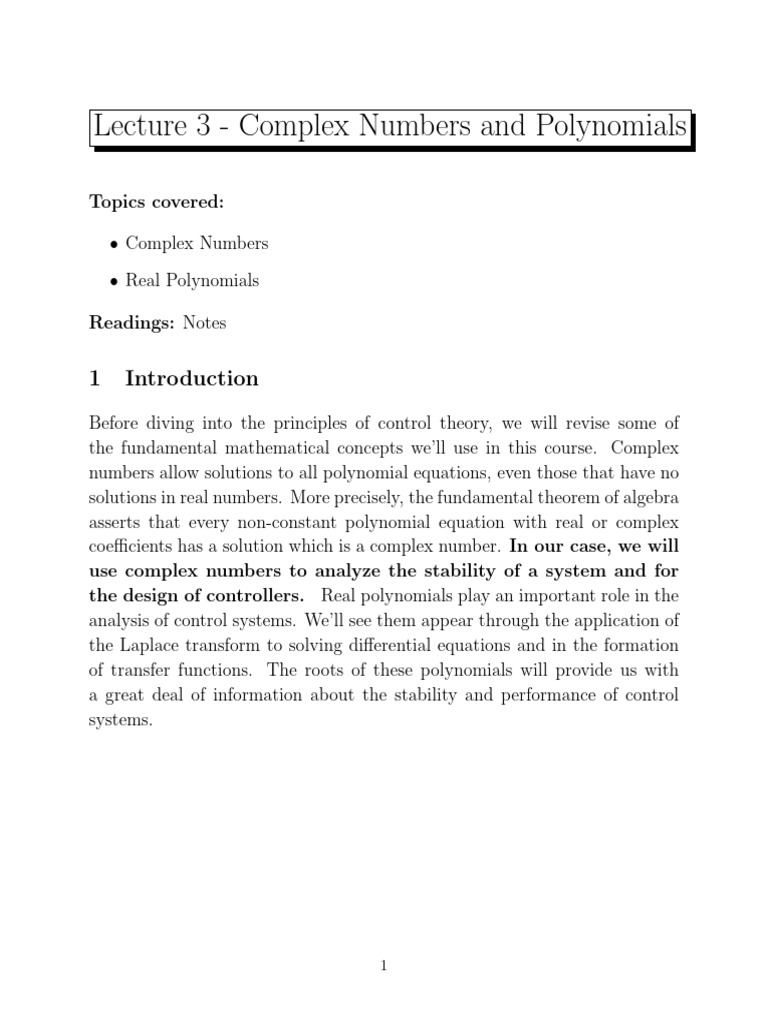 Lecture3 Complex Numbers and Polynomials 2024-1 | PDF | Complex Number | Polynomial