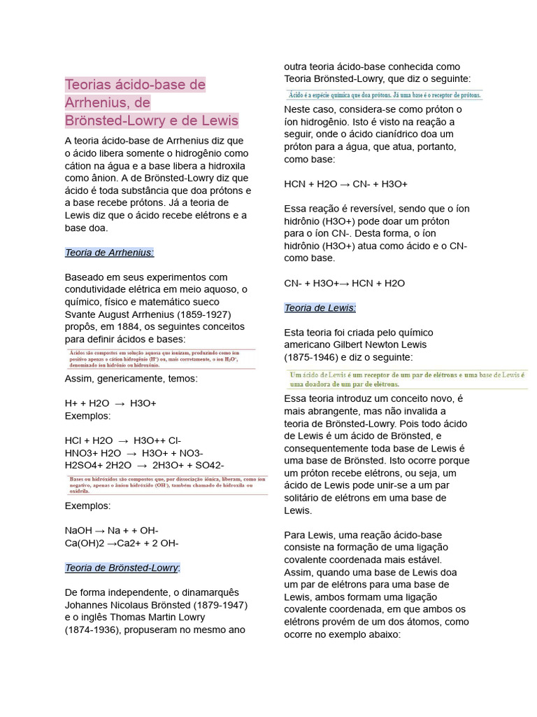 Teorias Ácido-Base: Arrhenius, Brönsted e Lewis | PDF | Ácido | Ramos ...