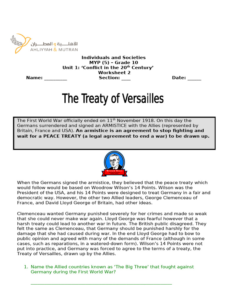 Unit 1 Treaty of Versailles worksheet | PDF | Treaty Of Versailles ...