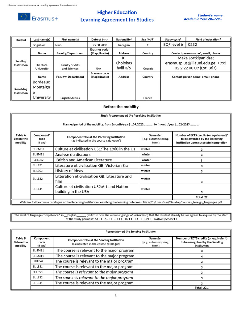 Learning Agreement | PDF | Academic Degree