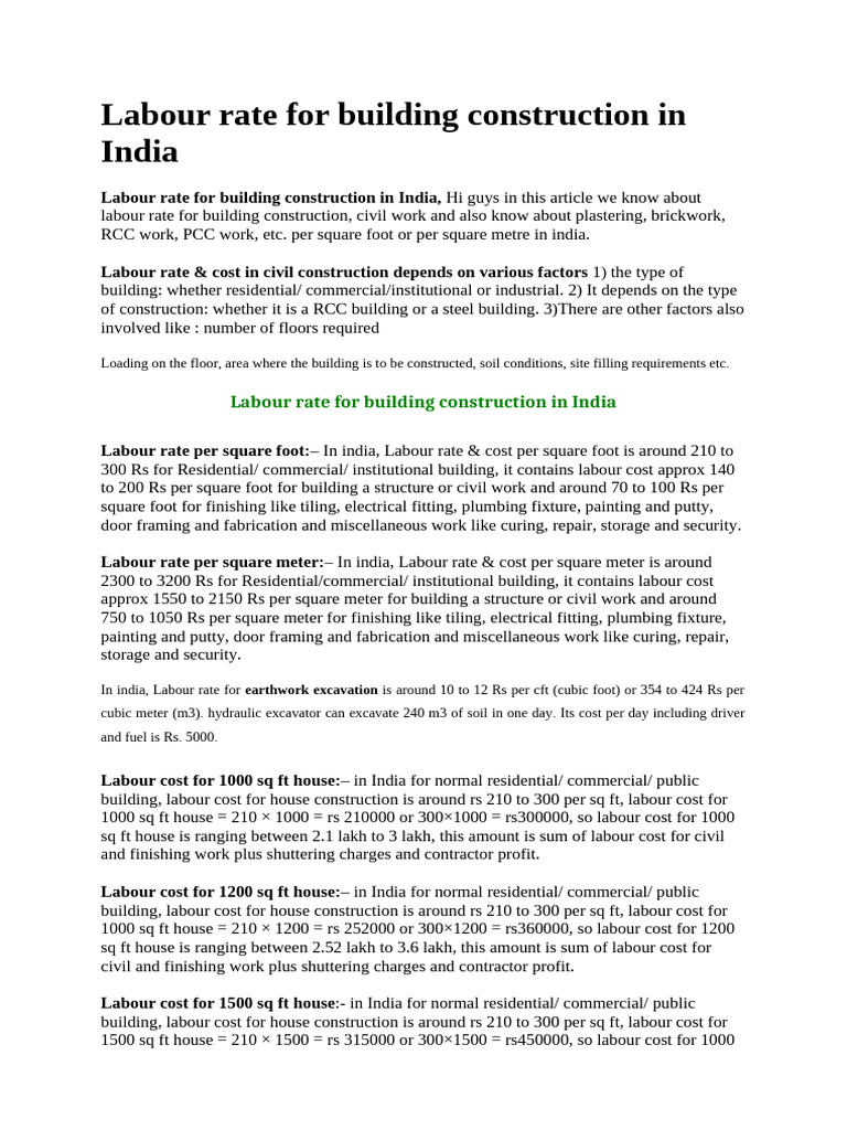 Labour Rates for Construction in India | PDF | Brick | Plaster